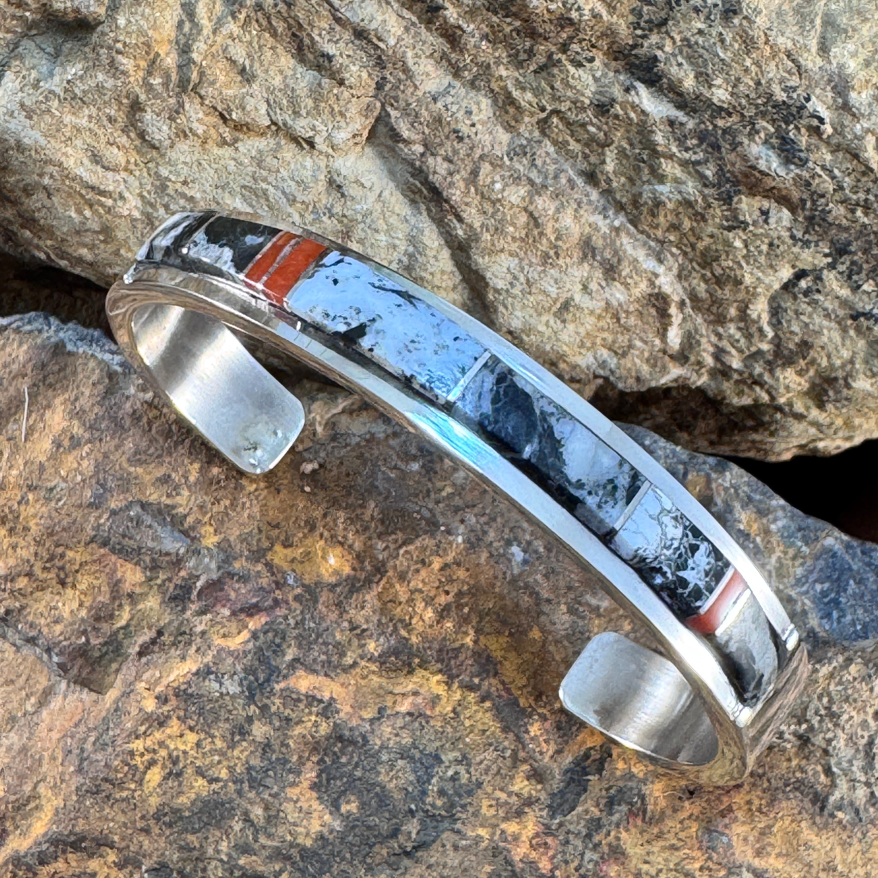 White Buffalo Inlay Cuff with Coral Accent by Kyle Yellowhair – Black ...