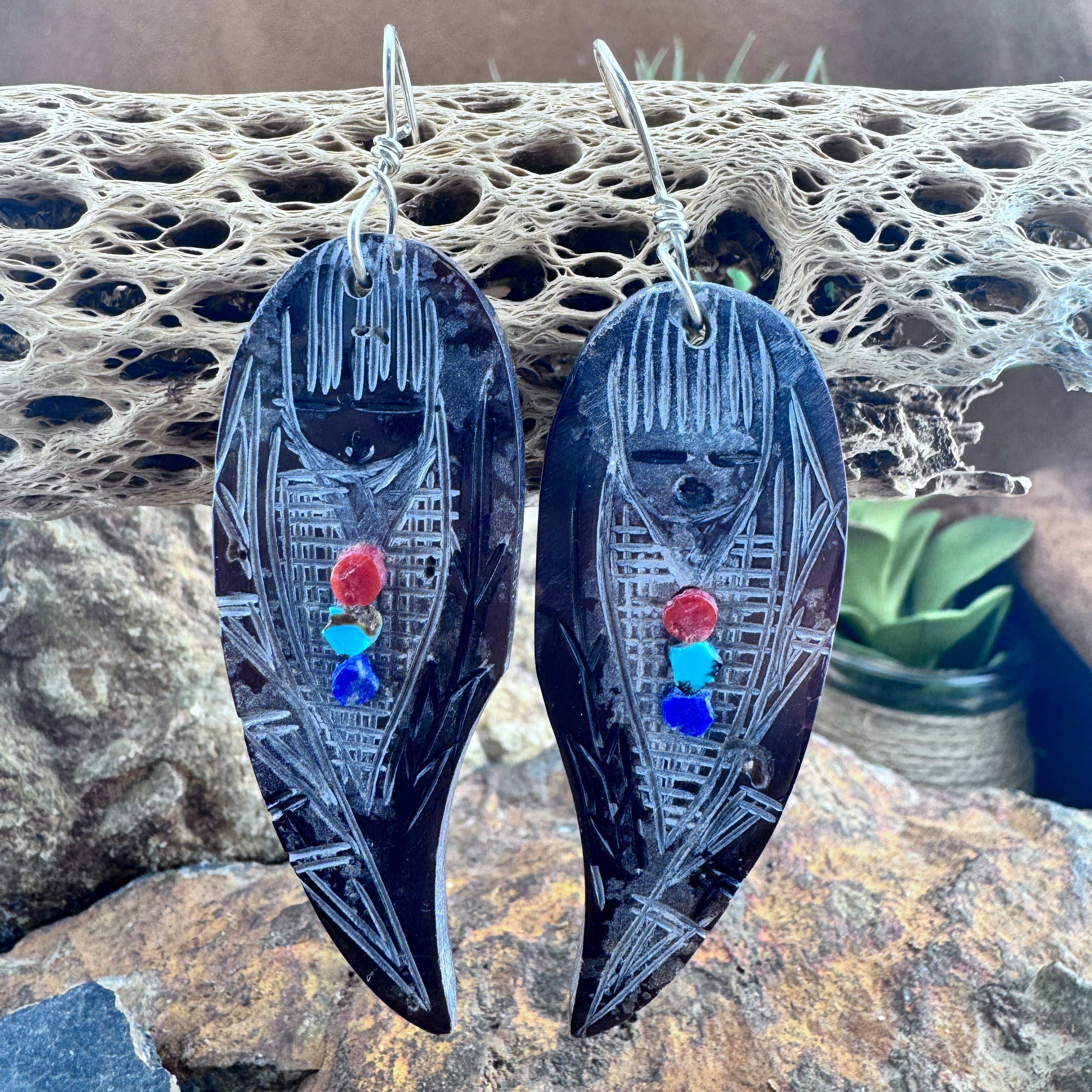Hand-Carved Shell Corn Maiden Earrings by Gloria Chattin-Navajo – Black ...