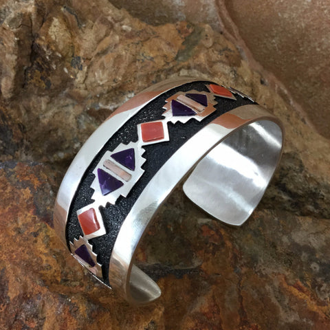 Sterling Silver Bracelet w/ Red Coral, Sugilite & Shell by Philbert Be